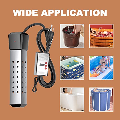 MUFUN Immersion Water Heater, 2000W Portable Pool Heater with Thermostat and Temperature Probe, Bucket Heater with 304 Stainless-Steel Guard, for Travel Camping Hot Bathtub Mini Inflatable Pool