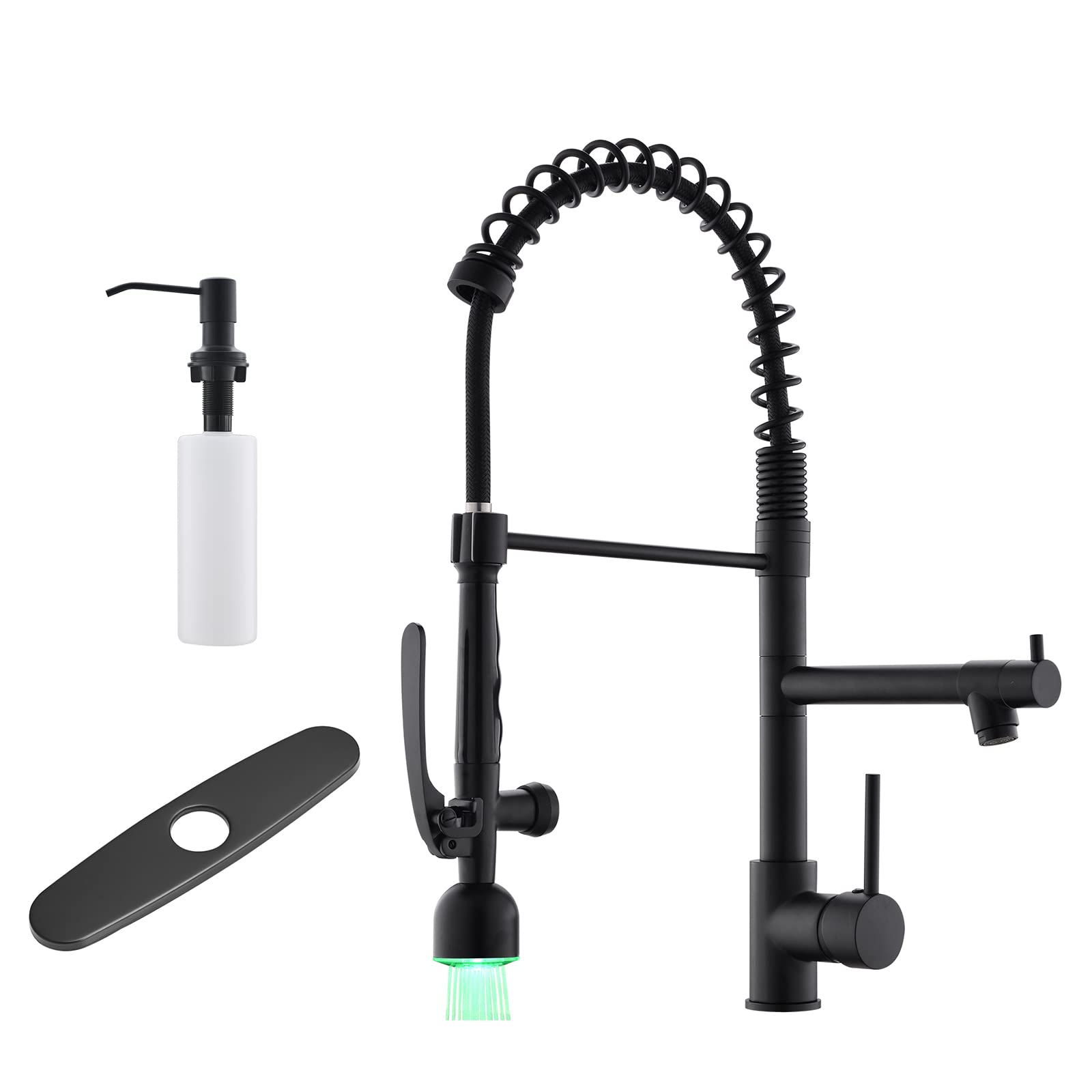 Fapully LED Kitchen Faucet with Deck Plate and Soap Dispenser,Matte Black