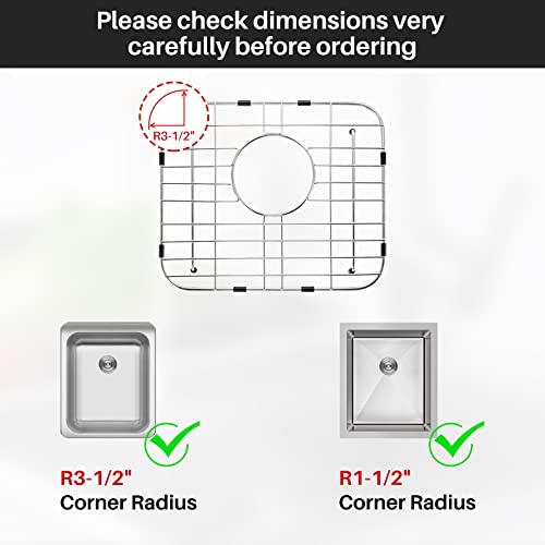 Brzkyr Universal Kitchen Sink Protector Grids, 13 9/16" X 11 5/8" Stainless Steel Sink Grid and Sink Protector with Rear Drain with Corner Radius 3-1/2", Sink Bottom Grid