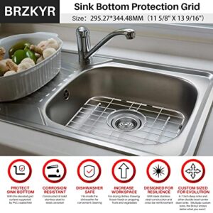 Brzkyr Universal Kitchen Sink Protector Grids, 13 9/16" X 11 5/8" Stainless Steel Sink Grid and Sink Protector with Rear Drain with Corner Radius 3-1/2", Sink Bottom Grid