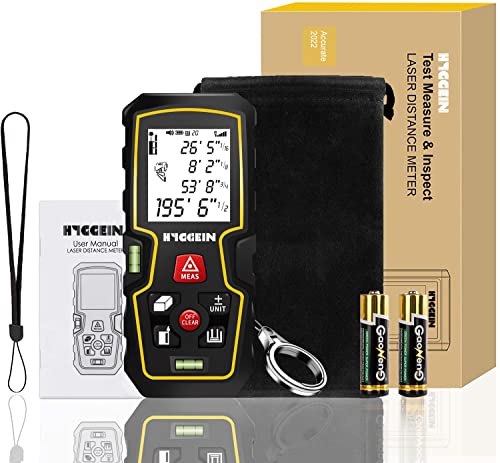 Laser Measurement Tool 196ft, HYGGEIN Laser Distance Measure, Laser Measuring Tape with Levels(M/in/Ft/Ft+in,±1/16in Accuracy), Pythagorean Mode, Distance, Area and Volume