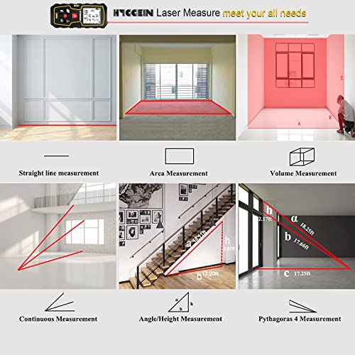 Laser Measurement Tool 196ft, HYGGEIN Laser Distance Measure, Laser Measuring Tape with Levels(M/in/Ft/Ft+in,±1/16in Accuracy), Pythagorean Mode, Distance, Area and Volume