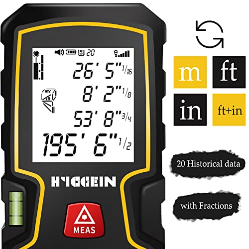 Laser Measurement Tool 196ft, HYGGEIN Laser Distance Measure, Laser Measuring Tape with Levels(M/in/Ft/Ft+in,±1/16in Accuracy), Pythagorean Mode, Distance, Area and Volume