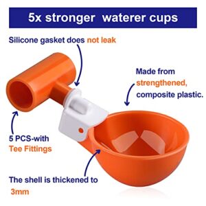 Large Automatic Chicken Waterer Cups (5 PCS-with Tee Fittings) Poultry Drinking Bowl for Chicks-Duck-Goose-Turkey-Bunny (Orange)