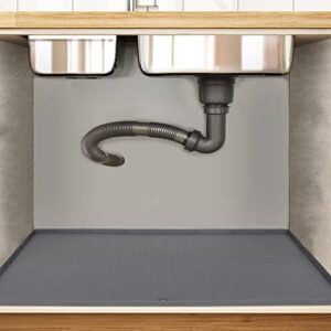 ofctack under sink mat silicone waterproof kitchen cabinet protectors with unique drain hole design bathroom under sink liner shelf mats (s, grey)