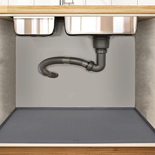 OFCTACK Under Sink Mat Silicone Waterproof Kitchen Cabinet Protectors with Unique Drain Hole Design Bathroom Under Sink Liner Shelf Mats (S, grey)