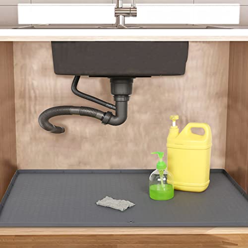 OFCTACK Under Sink Mat Silicone Waterproof Kitchen Cabinet Protectors with Unique Drain Hole Design Bathroom Under Sink Liner Shelf Mats (S, grey)