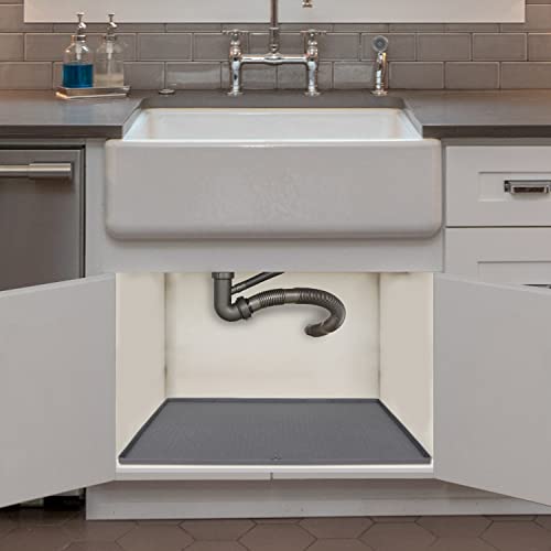 OFCTACK Under Sink Mat Silicone Waterproof Kitchen Cabinet Protectors with Unique Drain Hole Design Bathroom Under Sink Liner Shelf Mats (S, grey)