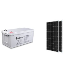 renogy deep cycle agm battery 12 volt 200ah, gray & 2pcs 100 watt solar panels 12 volt monocrystalline, high-efficiency module pv power charger, 2-pack compact design