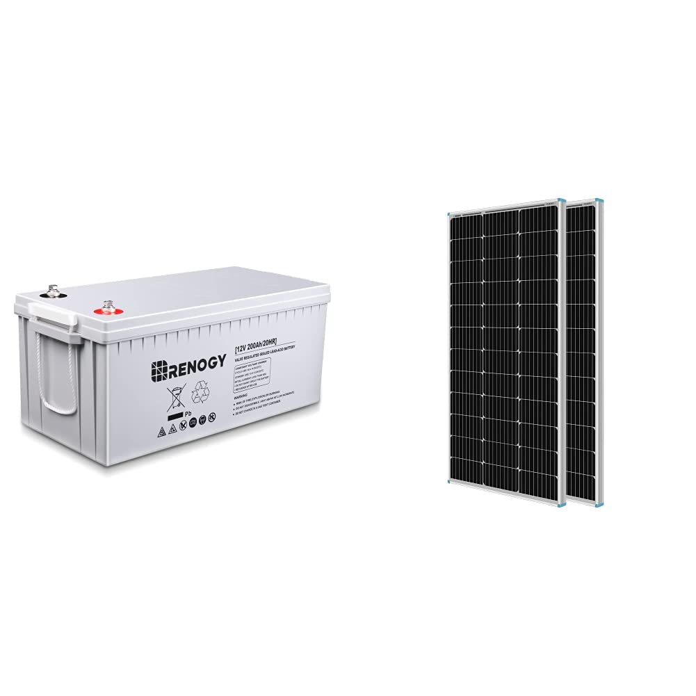 Renogy Deep Cycle Agm Battery 12 Volt 200AH, Gray & 2PCS 100 Watt Solar Panels 12 Volt Monocrystalline, High-Efficiency Module PV Power Charger, 2-Pack Compact Design