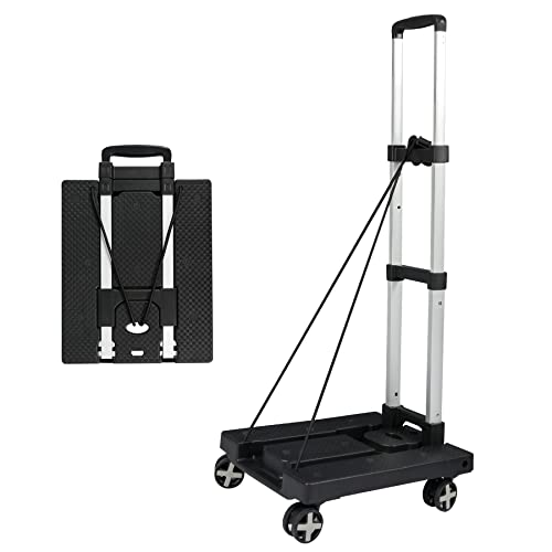 RedSwing Folding Hand Truck Dolly, 99Lbs Luggage Trolley Cart with 4 Wheels and Strechable Base, Portable Dolly Platform Cart for Luggage, Moving, Shopping, Sliver