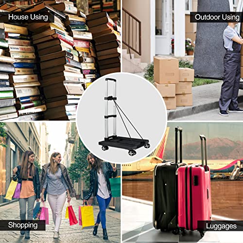 RedSwing Folding Hand Truck Dolly, 99Lbs Luggage Trolley Cart with 4 Wheels and Strechable Base, Portable Dolly Platform Cart for Luggage, Moving, Shopping, Sliver