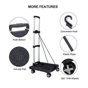 RedSwing Folding Hand Truck Dolly, 99Lbs Luggage Trolley Cart with 4 Wheels and Strechable Base, Portable Dolly Platform Cart for Luggage, Moving, Shopping, Sliver