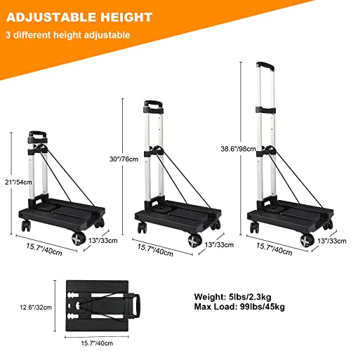 RedSwing Folding Hand Truck Dolly, 99Lbs Luggage Trolley Cart with 4 Wheels and Strechable Base, Portable Dolly Platform Cart for Luggage, Moving, Shopping, Sliver