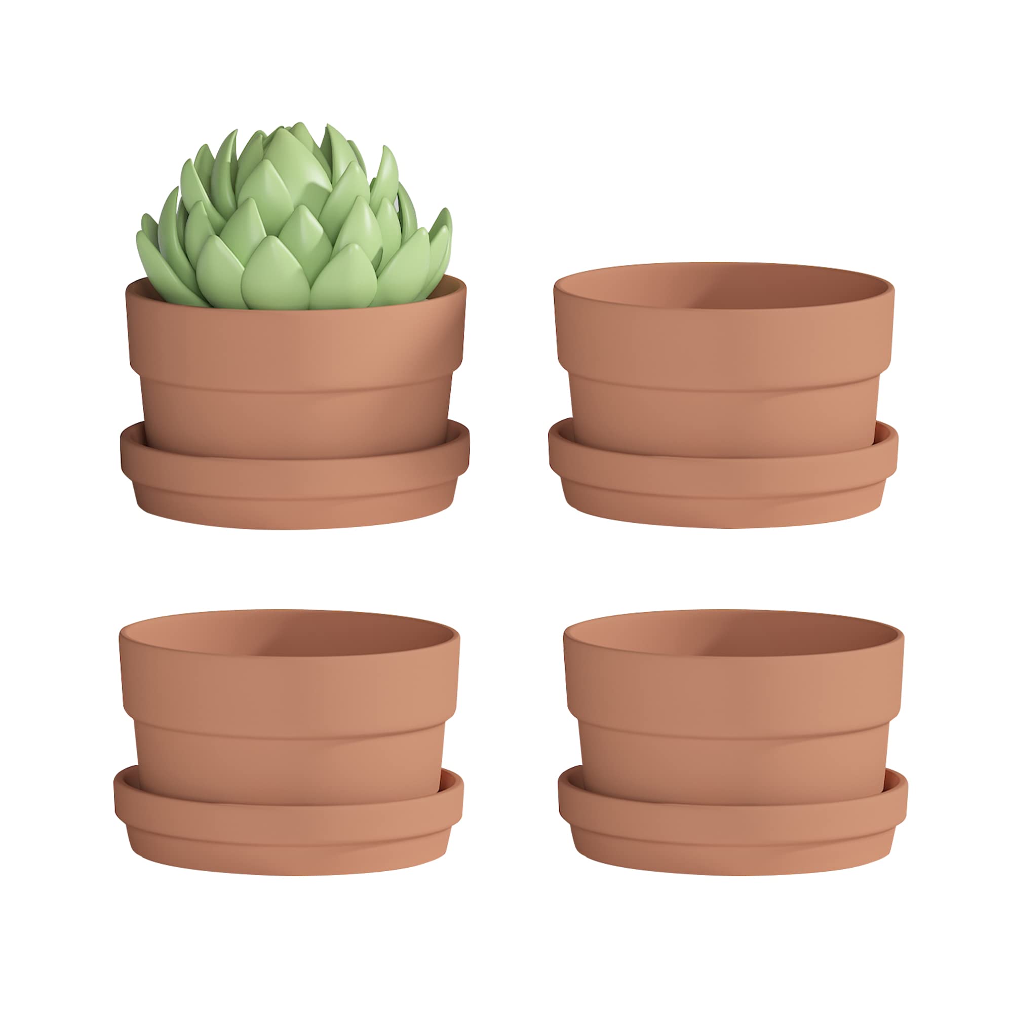 Fcacti 4 Pack 6 Inch Terracotta Shallow Succulent Pot - Large Terra Cotta Clay Pots with Saucer, Round Shallow Terra-Cotta Bonsai Pot with Drainage Hole for Indoor/Outdoor Plants