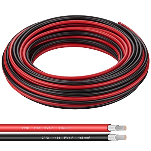 Shirbly Solar Panel Wire - 50FT Black & 50FT Red Tinned Copper Wire, 10AWG (6mm²) PV Wire Solar Extension Cable for Outdoor Automotive RV Boat Marine Solar Panel- Black & Red (10AWG 50FT)