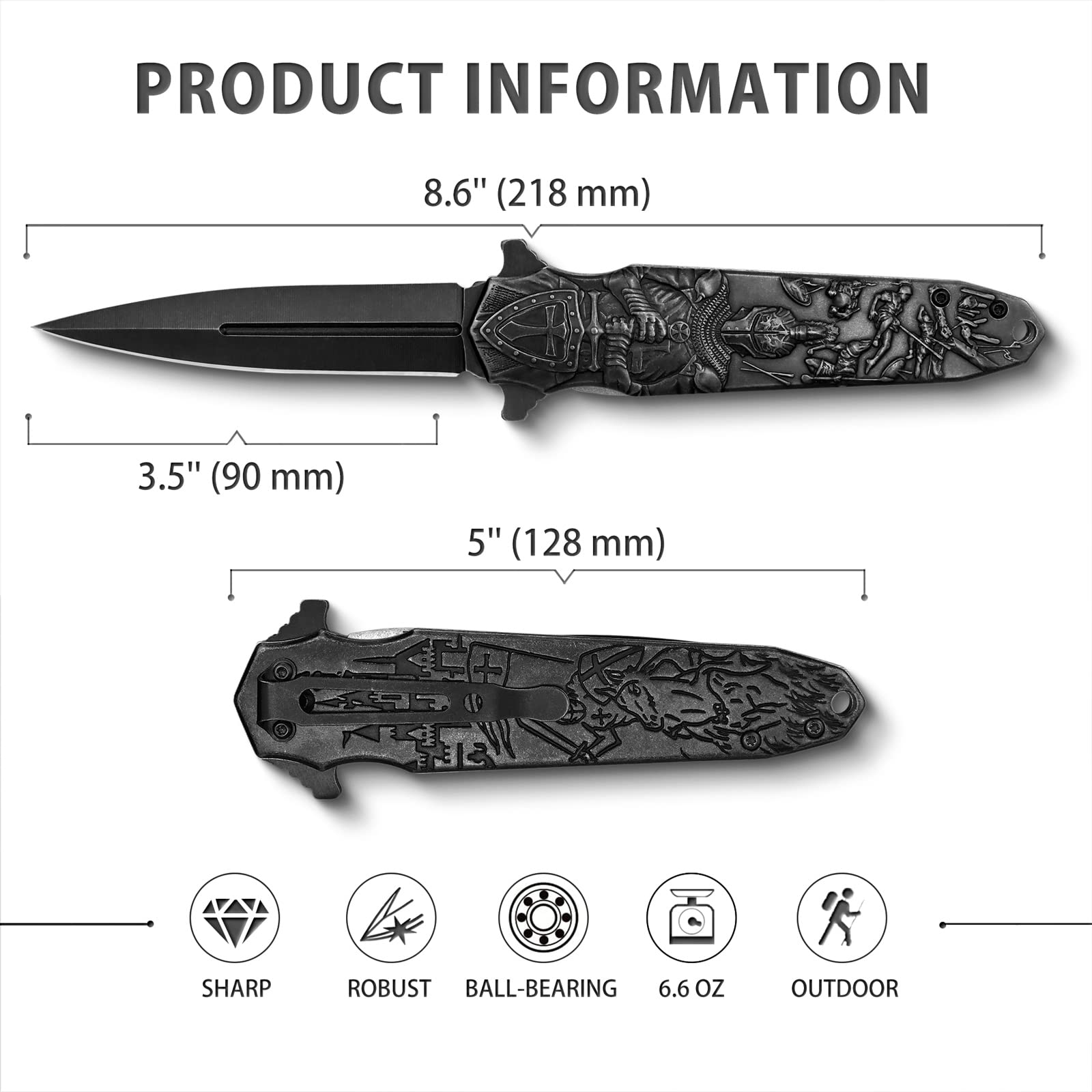 VALHALLA Pocket Folding Knife, Survival Knife With 3D Crusader Relief, Great Gift Edc Pocket Knife For Men Collector Outdoor Camping Hiking Hunting Knife