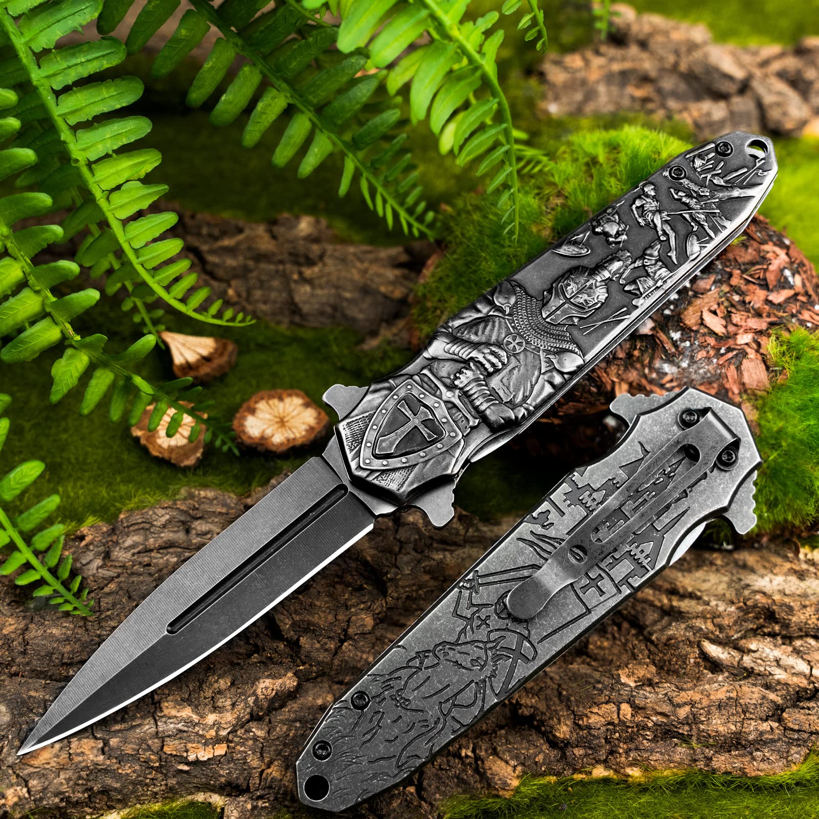 VALHALLA Pocket Folding Knife, Survival Knife With 3D Crusader Relief, Great Gift Edc Pocket Knife For Men Collector Outdoor Camping Hiking Hunting Knife