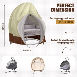 Patio Hanging Egg Chair Cover Outdoor Double Large Egg Chair Covers Waterproof 420D Patio Swing Loveseat Dust Protector 91x80 inches (Beige)