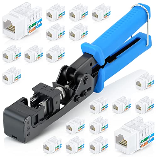 Everest Media Solutions easyJACK - 90° Angled Speed Termination Tool - with 20-Pack of 90° Angled CAT6/5e Keystone Jacks in White Color - Additional Jacks are Available - (B087N7QQD2)