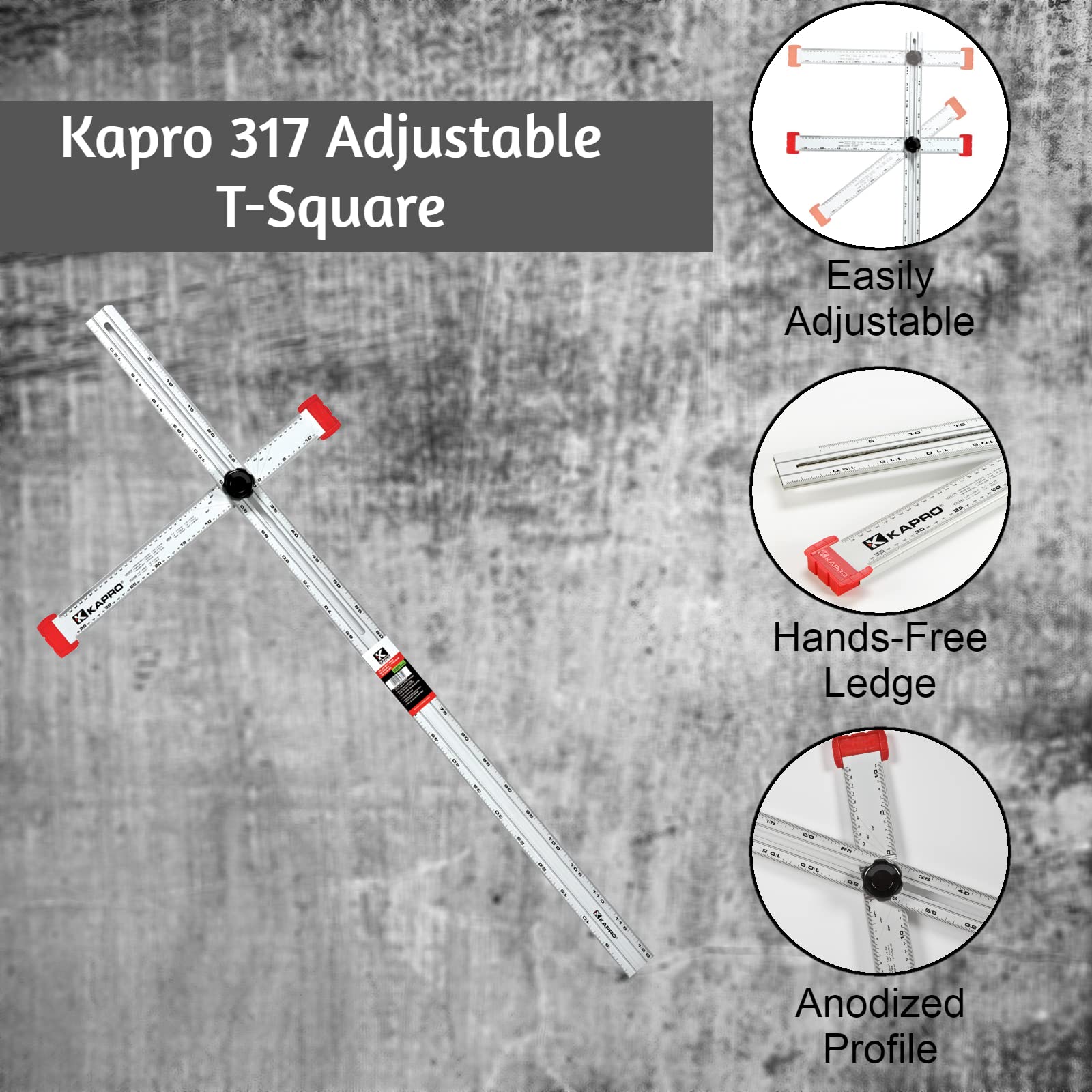 Kapro - 317 Adjustable Drywall T-Square Tool + 257 Pencil Bundle - 48 Inch - for Layout and Marking - Features Sliding Head and Dual Directional Printed Scale - Aluminum