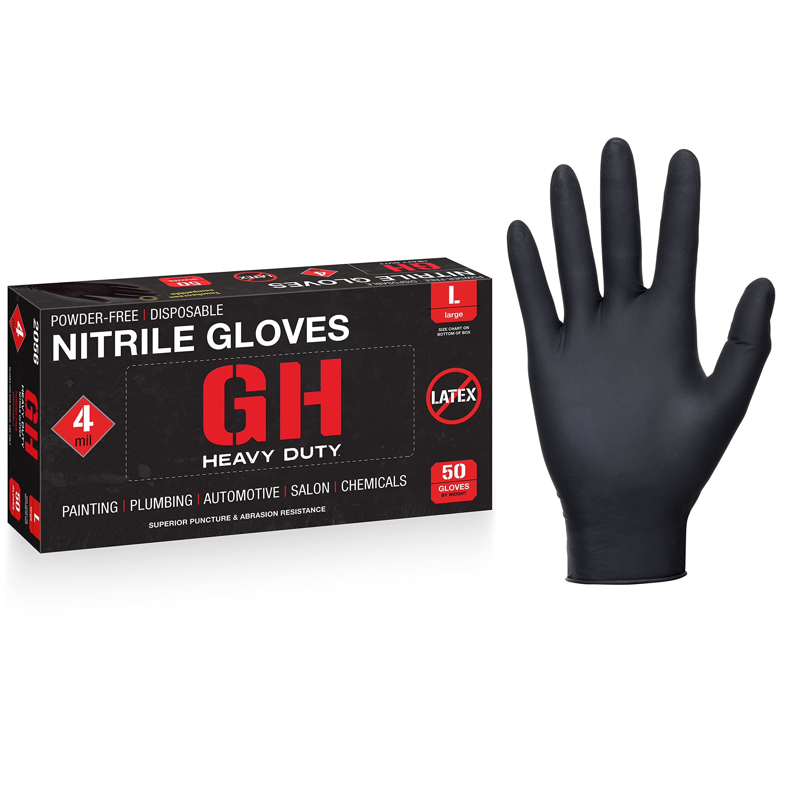 GH Heavy Duty Black Nitrile Gloves, 100 Pack of 4 mil Disposable Gloves, Large