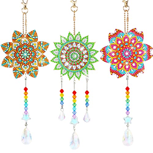 Macarrie 3 Pack Rhinestone Painting Suncatcher Wind Chime Double Sided Crystal Rhinestone Painting Hanging Ornament Flower Shape Suncatcher Kit for Adults DIY Window Home Garden(Stylish Style)