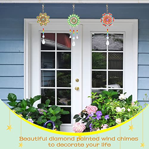 Macarrie 3 Pack Rhinestone Painting Suncatcher Wind Chime Double Sided Crystal Rhinestone Painting Hanging Ornament Flower Shape Suncatcher Kit for Adults DIY Window Home Garden(Stylish Style)