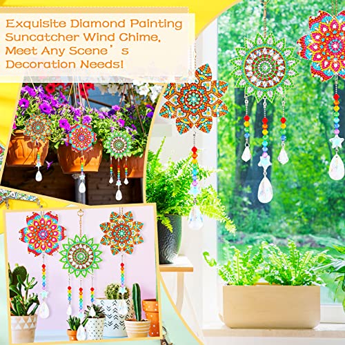 Macarrie 3 Pack Rhinestone Painting Suncatcher Wind Chime Double Sided Crystal Rhinestone Painting Hanging Ornament Flower Shape Suncatcher Kit for Adults DIY Window Home Garden(Stylish Style)