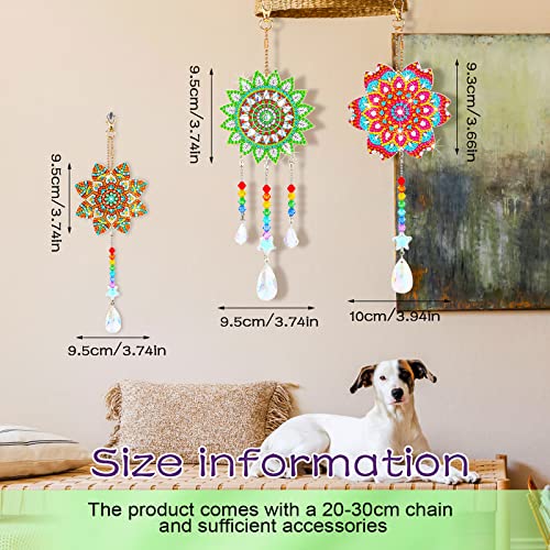 Macarrie 3 Pack Rhinestone Painting Suncatcher Wind Chime Double Sided Crystal Rhinestone Painting Hanging Ornament Flower Shape Suncatcher Kit for Adults DIY Window Home Garden(Stylish Style)