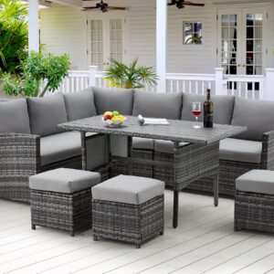 AECOJOY Patio Furniture Set, 7 Pieces Outdoor Patio Furniture with Dining Table&Chair, All Weather Wicker Conversation Set with Ottoman,Grey