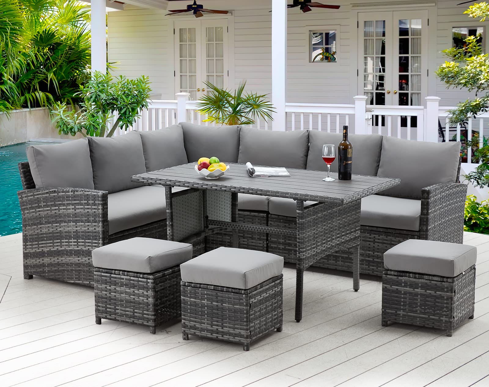 AECOJOY Patio Furniture Set, 7 Pieces Outdoor Patio Furniture with Dining Table&Chair, All Weather Wicker Conversation Set with Ottoman,Grey