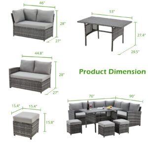 AECOJOY Patio Furniture Set, 7 Pieces Outdoor Patio Furniture with Dining Table&Chair, All Weather Wicker Conversation Set with Ottoman,Grey