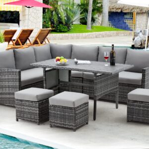 AECOJOY Patio Furniture Set, 7 Pieces Outdoor Patio Furniture with Dining Table&Chair, All Weather Wicker Conversation Set with Ottoman,Grey