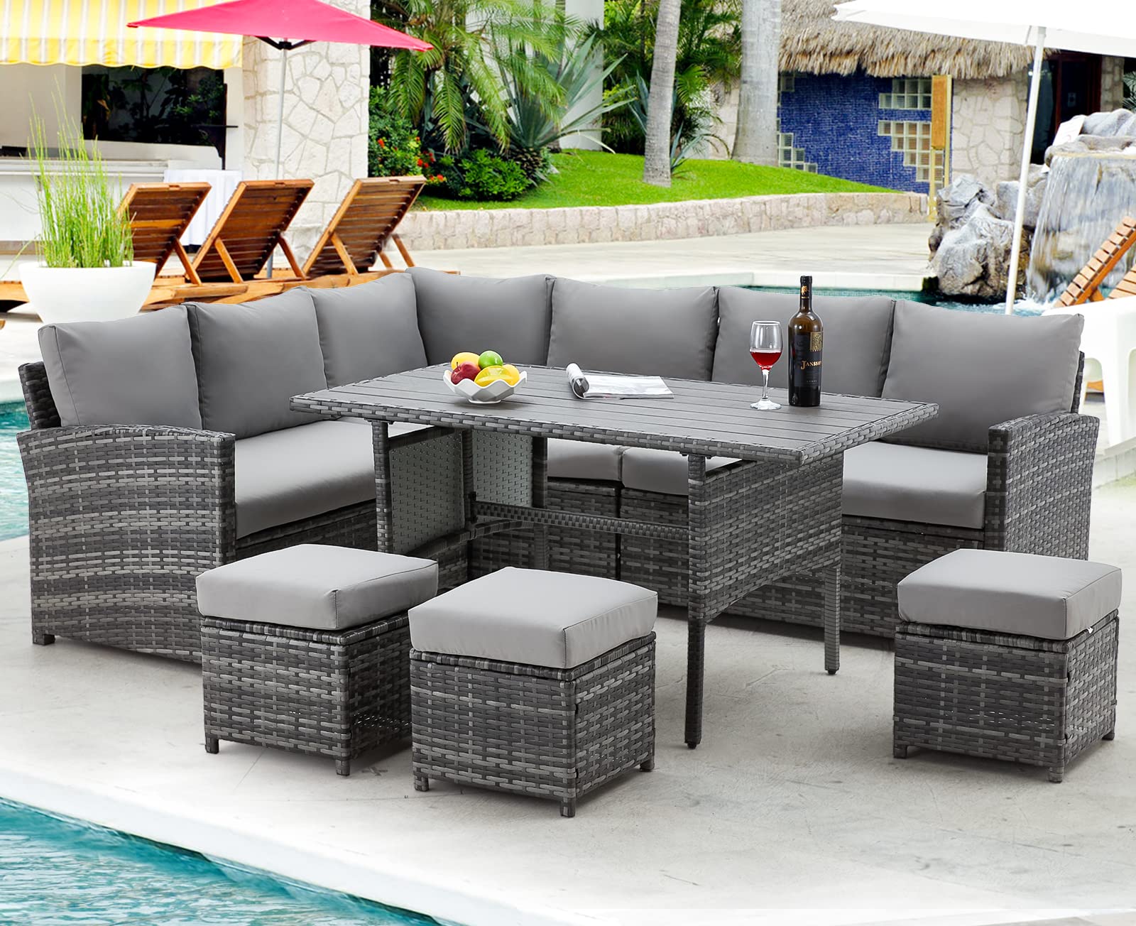 AECOJOY Patio Furniture Set, 7 Pieces Outdoor Patio Furniture with Dining Table&Chair, All Weather Wicker Conversation Set with Ottoman,Grey