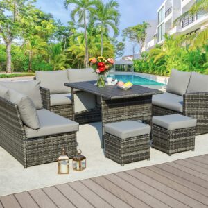 AECOJOY Patio Furniture Set, 7 Pieces Outdoor Patio Furniture with Dining Table&Chair, All Weather Wicker Conversation Set with Ottoman,Grey