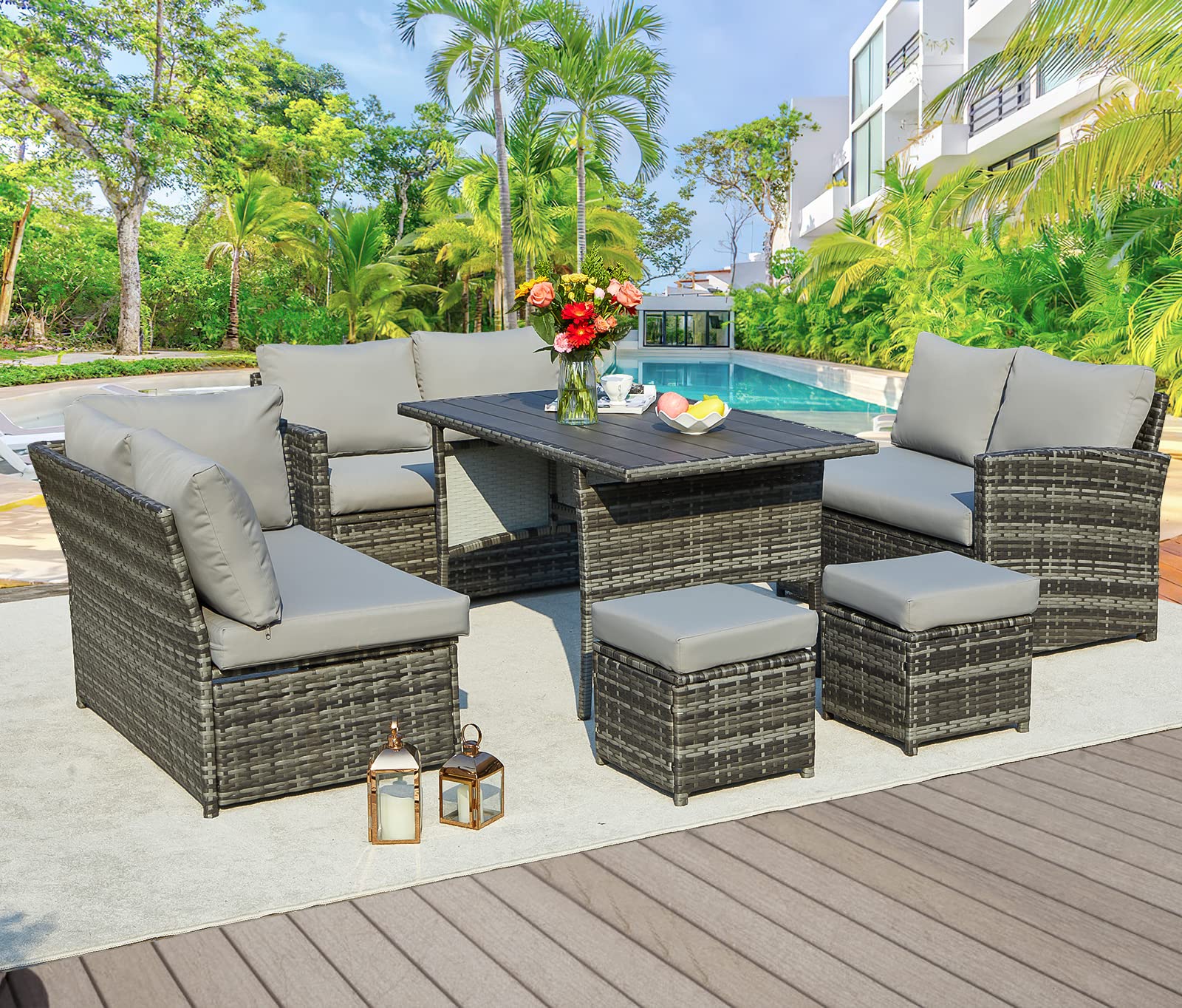 AECOJOY Patio Furniture Set, 7 Pieces Outdoor Patio Furniture with Dining Table&Chair, All Weather Wicker Conversation Set with Ottoman,Grey