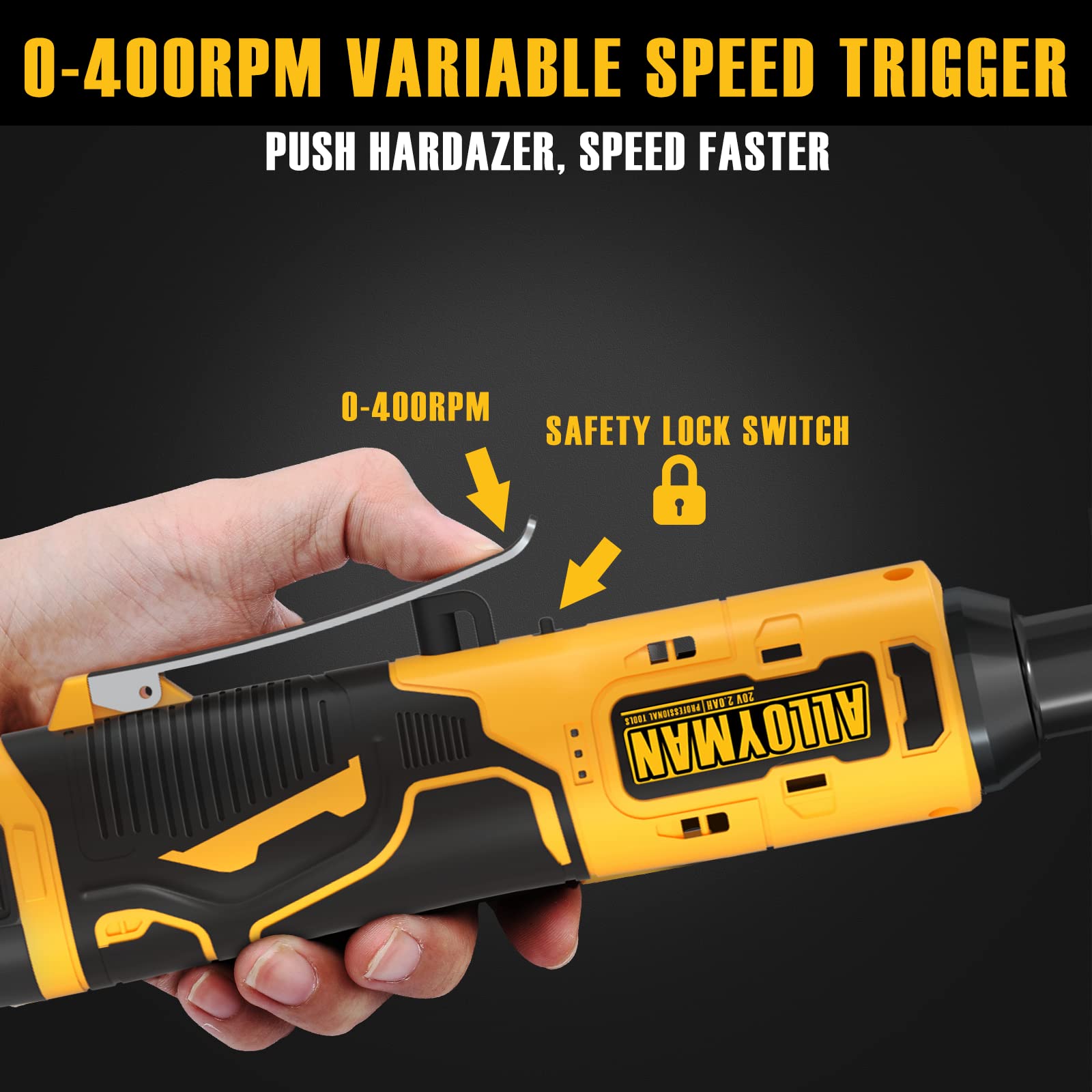 Alloyman 16.8V 2.0Ah Li-Ion Cordless Ratchet Wrench Kit, Yellow, 400 RPM, 7 Sockets, 1/4 Inch Adapter, 1 Hour Fast Charge