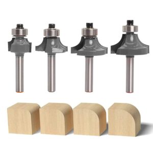 roundover router bit set 1/4 shank by sinoprotools, 4pcs router roundover bit, carbide corner rounding edge-forming, for round edges/cabinet edges, radius 1/8", 1/4", 3/8", 5/16"