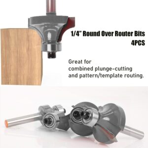 Roundover Router Bit Set 1/4 Shank by Sinoprotools, 4pcs Router Roundover Bit, Carbide Corner Rounding Edge-Forming, for Round Edges/Cabinet Edges, Radius 1/8", 1/4", 3/8", 5/16"