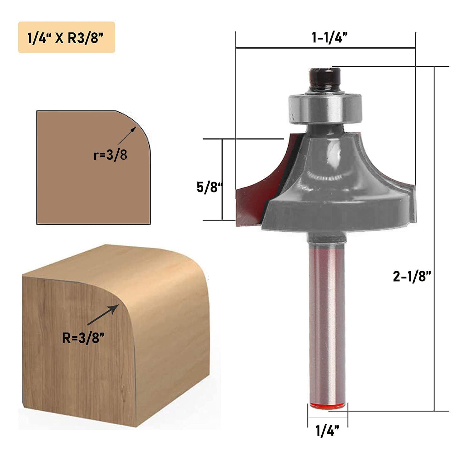 Roundover Router Bit Set 1/4 Shank by Sinoprotools, 4pcs Router Roundover Bit, Carbide Corner Rounding Edge-Forming, for Round Edges/Cabinet Edges, Radius 1/8", 1/4", 3/8", 5/16"