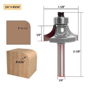 Roundover Router Bit Set 1/4 Shank by Sinoprotools, 4pcs Router Roundover Bit, Carbide Corner Rounding Edge-Forming, for Round Edges/Cabinet Edges, Radius 1/8", 1/4", 3/8", 5/16"