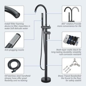 Freestanding Bathtub Faucet Matte Black Floor Mounted Tub Filler with Hand Shower 360 Degree Swivel Standing Spout Brass High Flow Mixer Taps