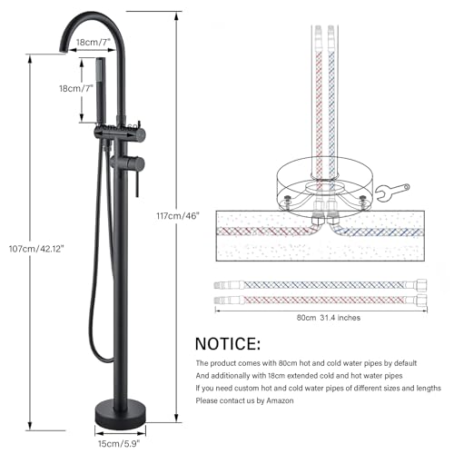 Freestanding Bathtub Faucet Matte Black Floor Mounted Tub Filler with Hand Shower 360 Degree Swivel Standing Spout Brass High Flow Mixer Taps