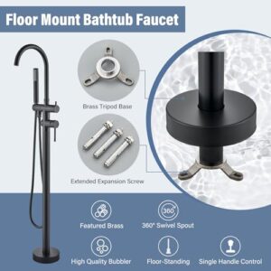 Freestanding Bathtub Faucet Matte Black Floor Mounted Tub Filler with Hand Shower 360 Degree Swivel Standing Spout Brass High Flow Mixer Taps