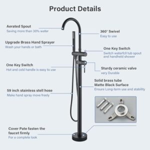 Freestanding Bathtub Faucet Matte Black Floor Mounted Tub Filler with Hand Shower 360 Degree Swivel Standing Spout Brass High Flow Mixer Taps