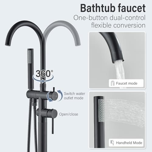 Freestanding Bathtub Faucet Matte Black Floor Mounted Tub Filler with Hand Shower 360 Degree Swivel Standing Spout Brass High Flow Mixer Taps