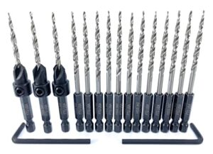 ftg usa countersink drill bit set 3 pc #6 (9/64") wood countersink drill bit pack same size set with 12 replacement bits #6 (9/64") tapered countersink bit, with 1 hex wrench,