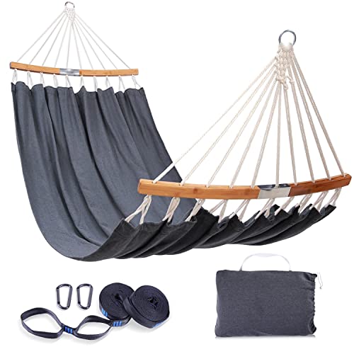 Ohuhu Hammock with Straps Kit, 2-Person Folding Spreader-Bar Double Hammock with Portable Storage Bag, Bamboo Curved Bar Hammocks for Indoor Outdoor Garden Patio Backyard Camping Backpacking