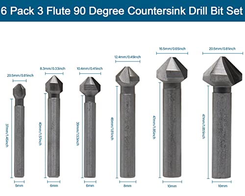 Aracombie 6 Pack 3 Flute 90 Degree Countersink Drill Bit Set, HSS Chamfering Tool Set Metric End Mill Cutter Bits, Deburring Chamfering Bit for Metal, Wood, Aluminum, Stainless Steel